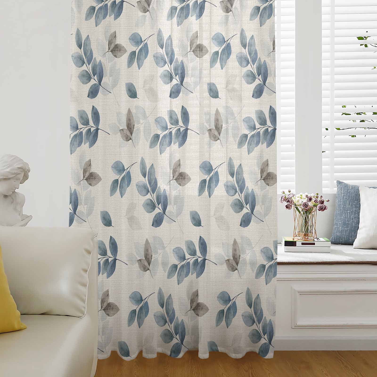 Blue Botanical Fall Semi Sheer Curtains Drapes for Living Room, Bedroom ...
