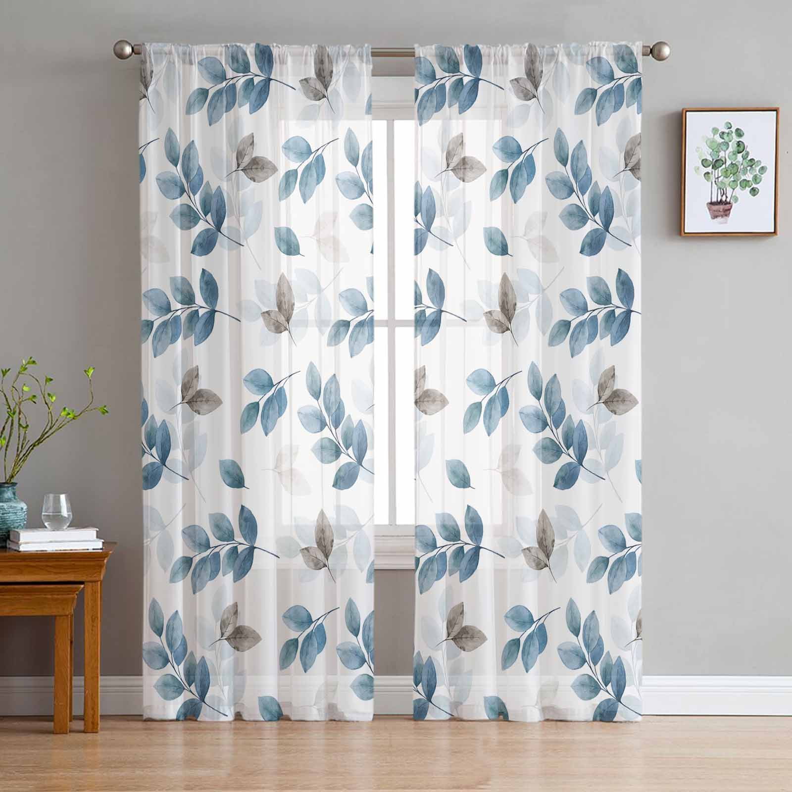 Blue Botanical Fall Sheer Curtains 63 Inch Length 2 Panels Set for ...