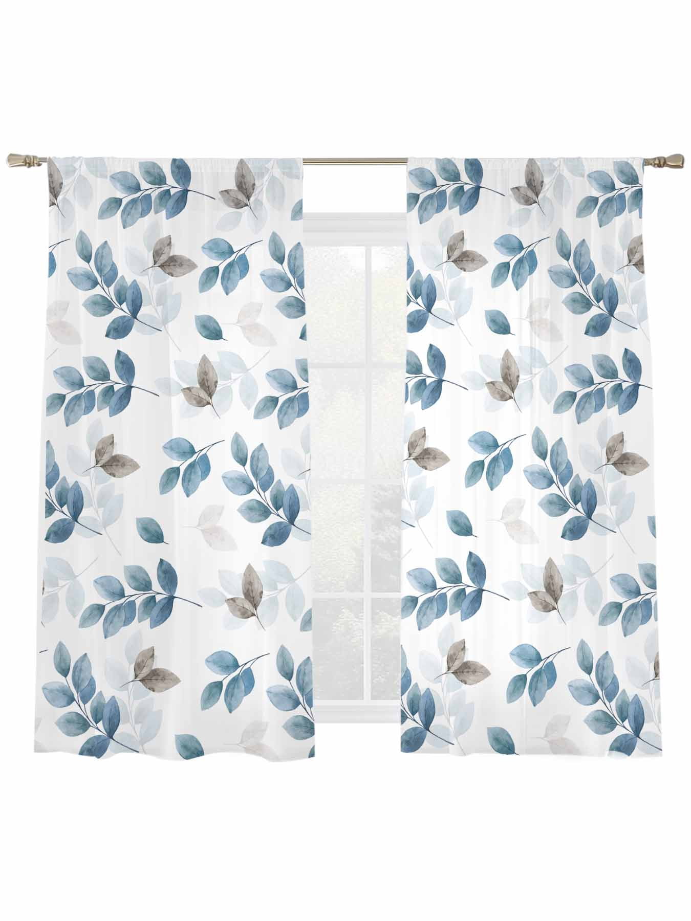 Blue Botanical Fall Sheer Curtains 63 Inch Length 2 Panels Set, Semi ...