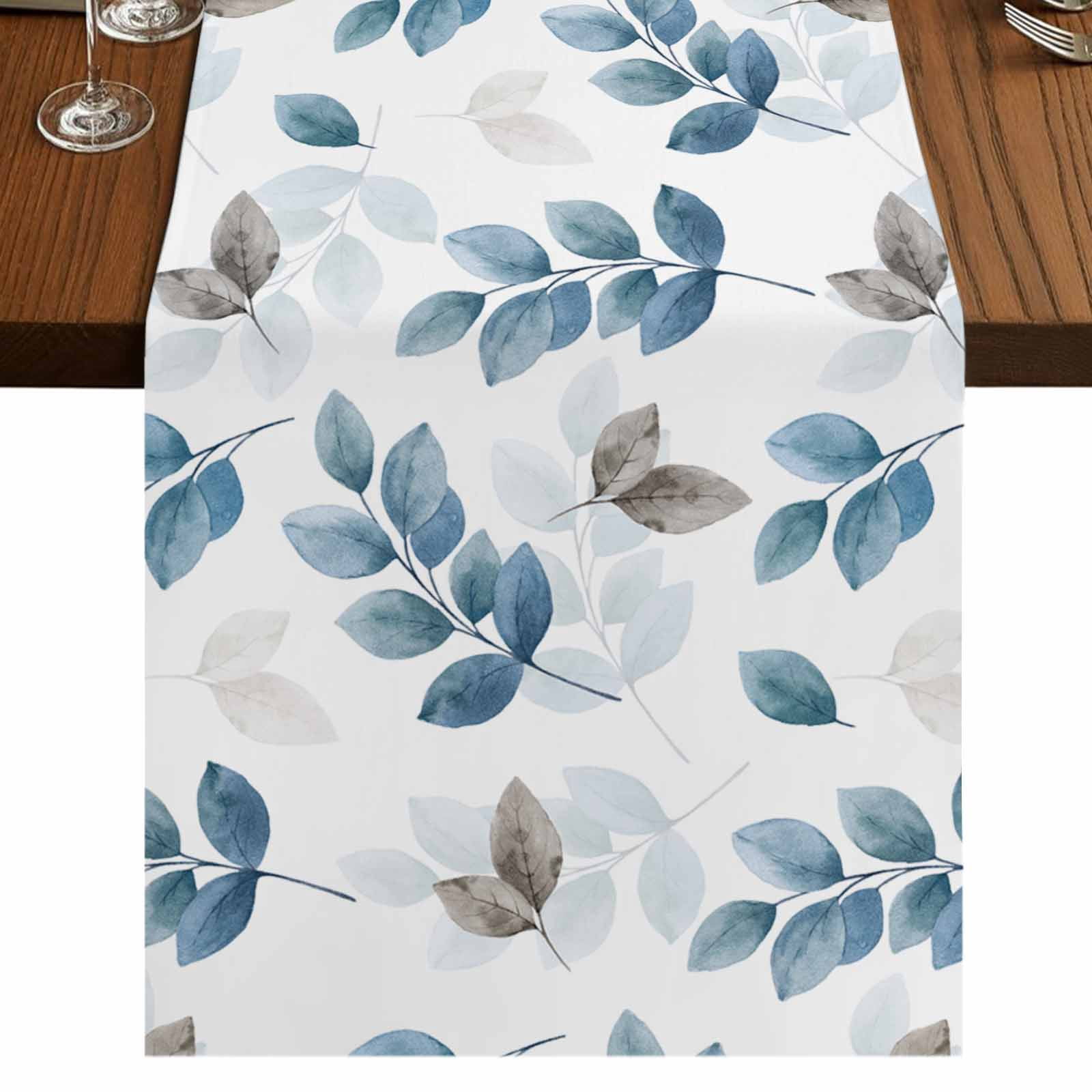 Blue Botanical Fall Table Runner 72 Inches Long, Pastoral Maple Leaf ...