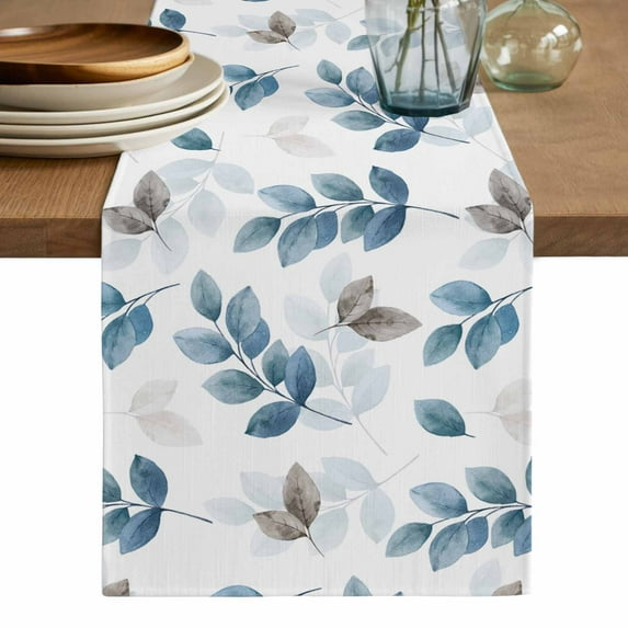 Blue Botanical Fall Table Runner, Pastoral Maple Leaf Autumn Washable ...