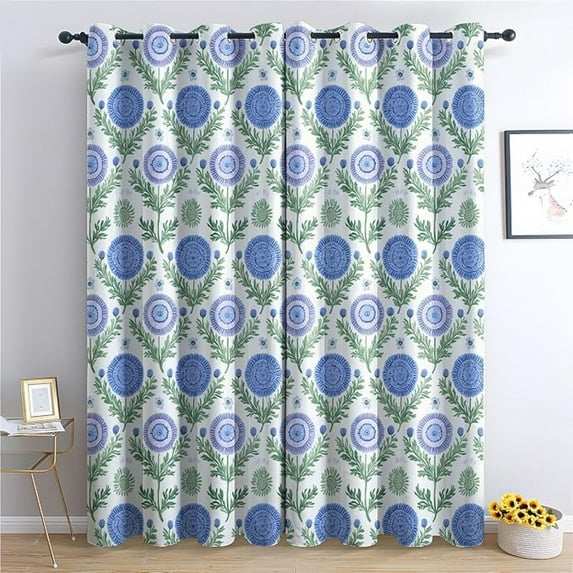 Blue Botanical Floral Blackout Curtains, Abstract Flower Patterned ...
