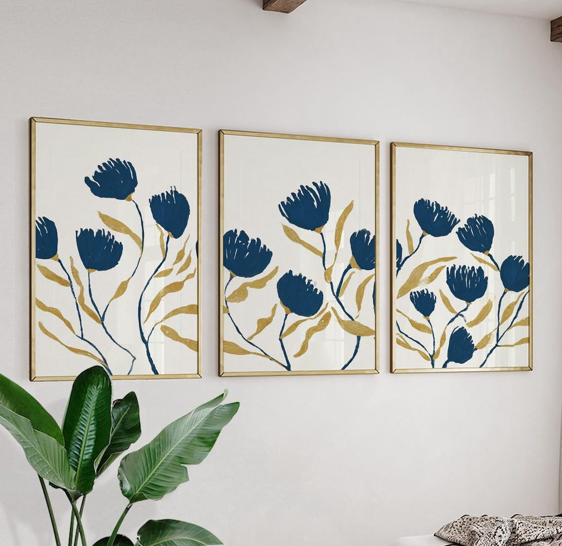 Blue Botanical Floral Modern Line Art Wall Art Triptych Set 3 Unframed ...