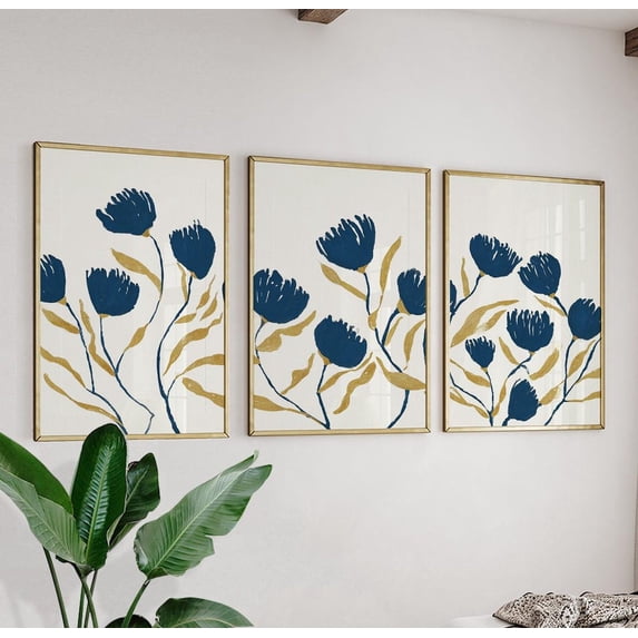 Blue Botanical Floral Modern Line Art Wall Art Triptych Set 3 Unframed ...