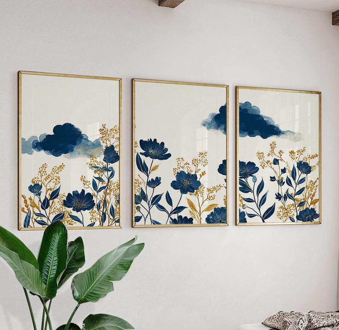 Blue Botanical Flower Floral Illustration Wall Art Set 3 Unframed Paper ...