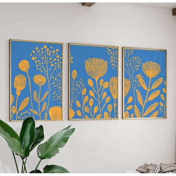 Blue Botanical Flower Orange Floral Triptych Wall Art Version Two Set 3 ...
