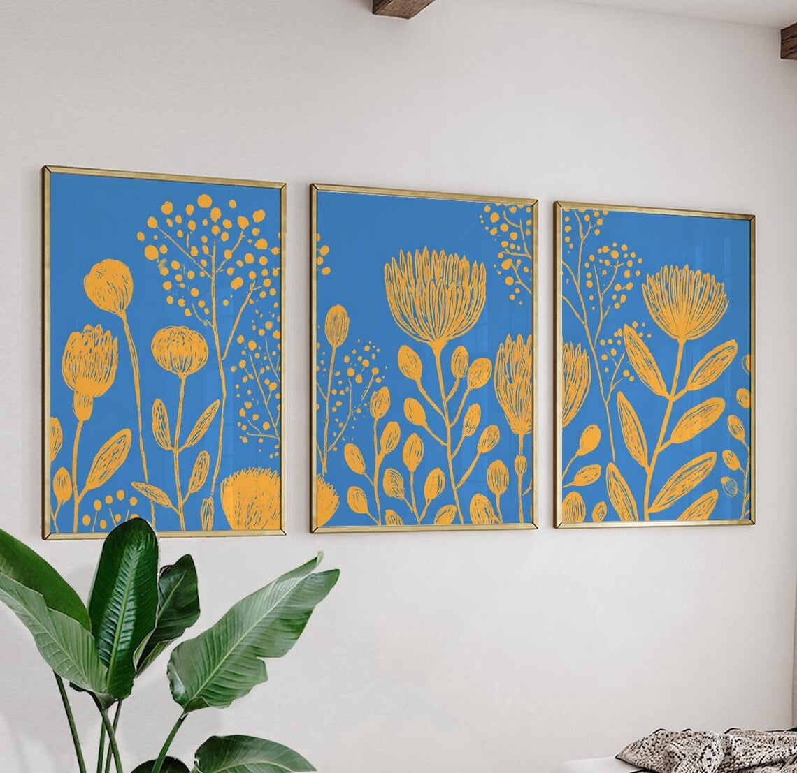 Blue Botanical Flower Orange Floral Triptych Wall Art Version Two Set 3 ...