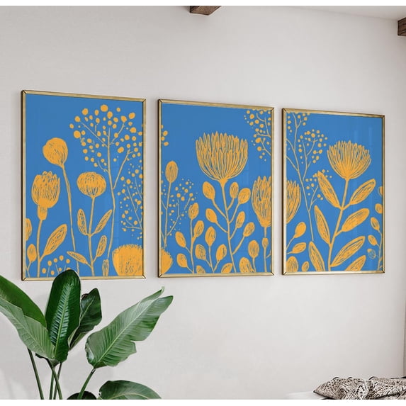 Blue Botanical Flower Poster Set Orange Floral Triptych Wall Art Prints ...