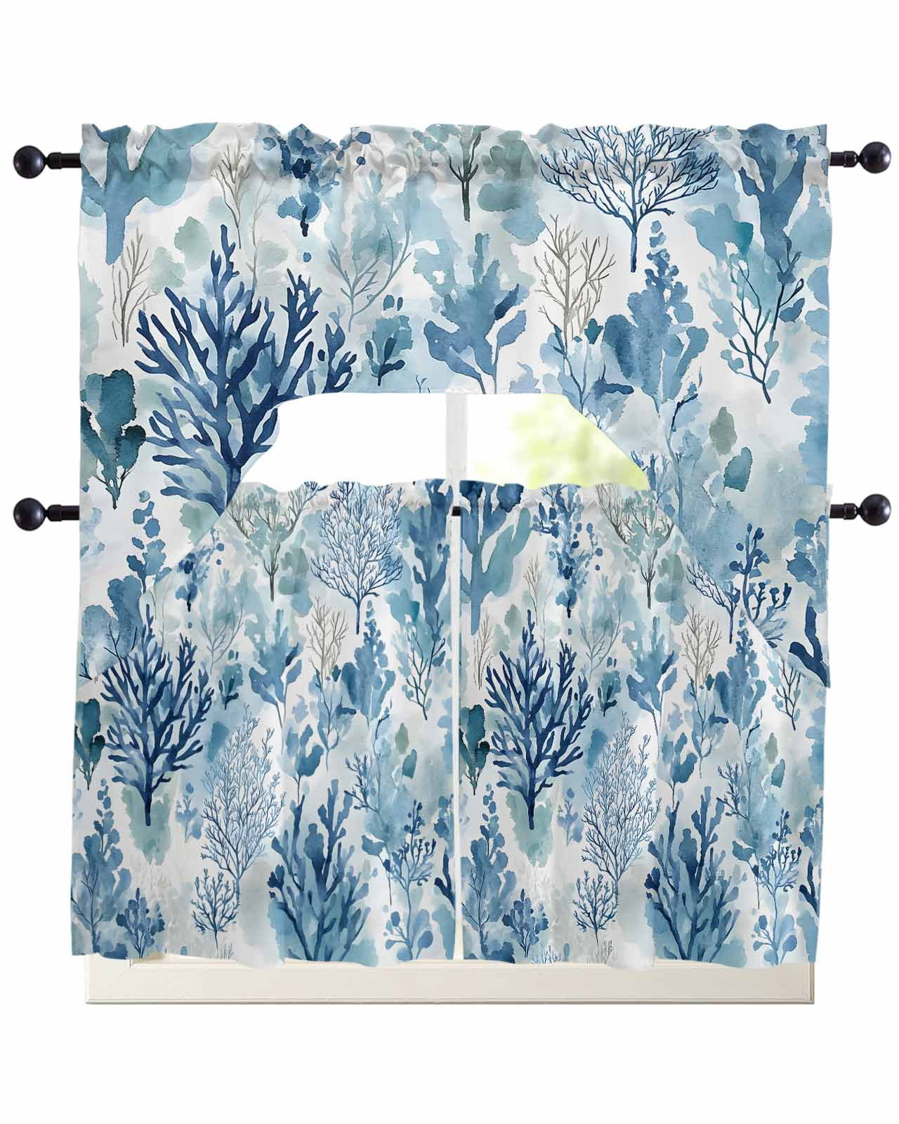 Blue Botanical Kitchen Curtains Sets 24 Inch Length with Valance ...