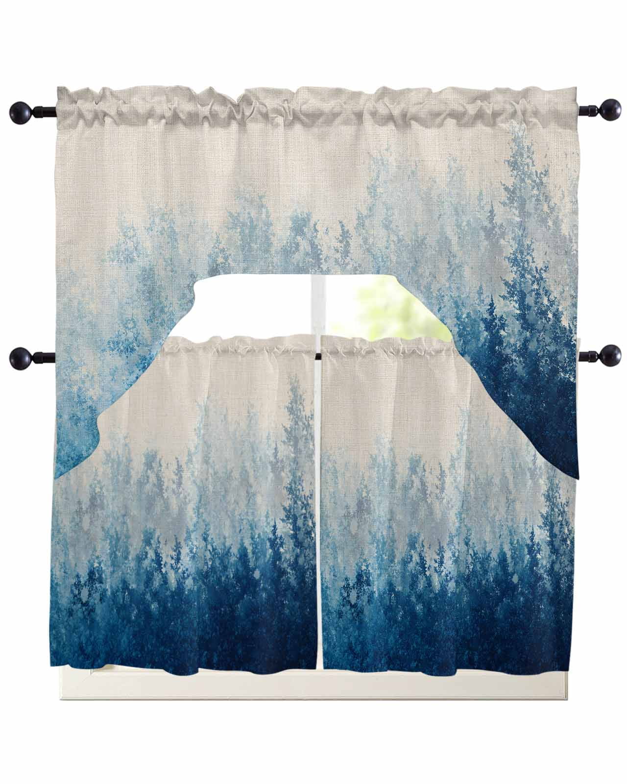 Blue Botanical Kitchen Curtains Sets 24 Inch Length with Valance ...