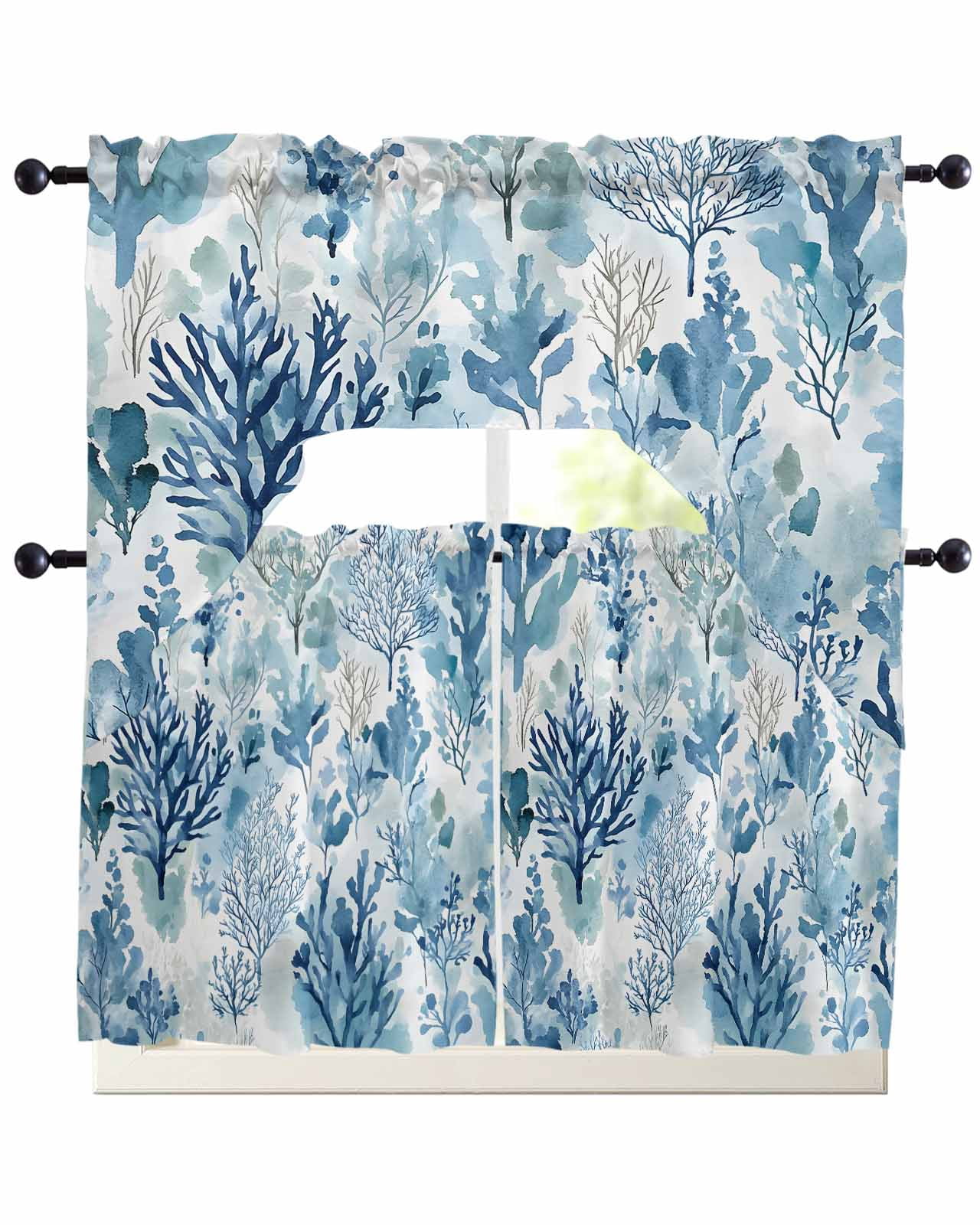 Blue Botanical Kitchen Curtains Swag Valance and Tier Curtains Set 36 ...
