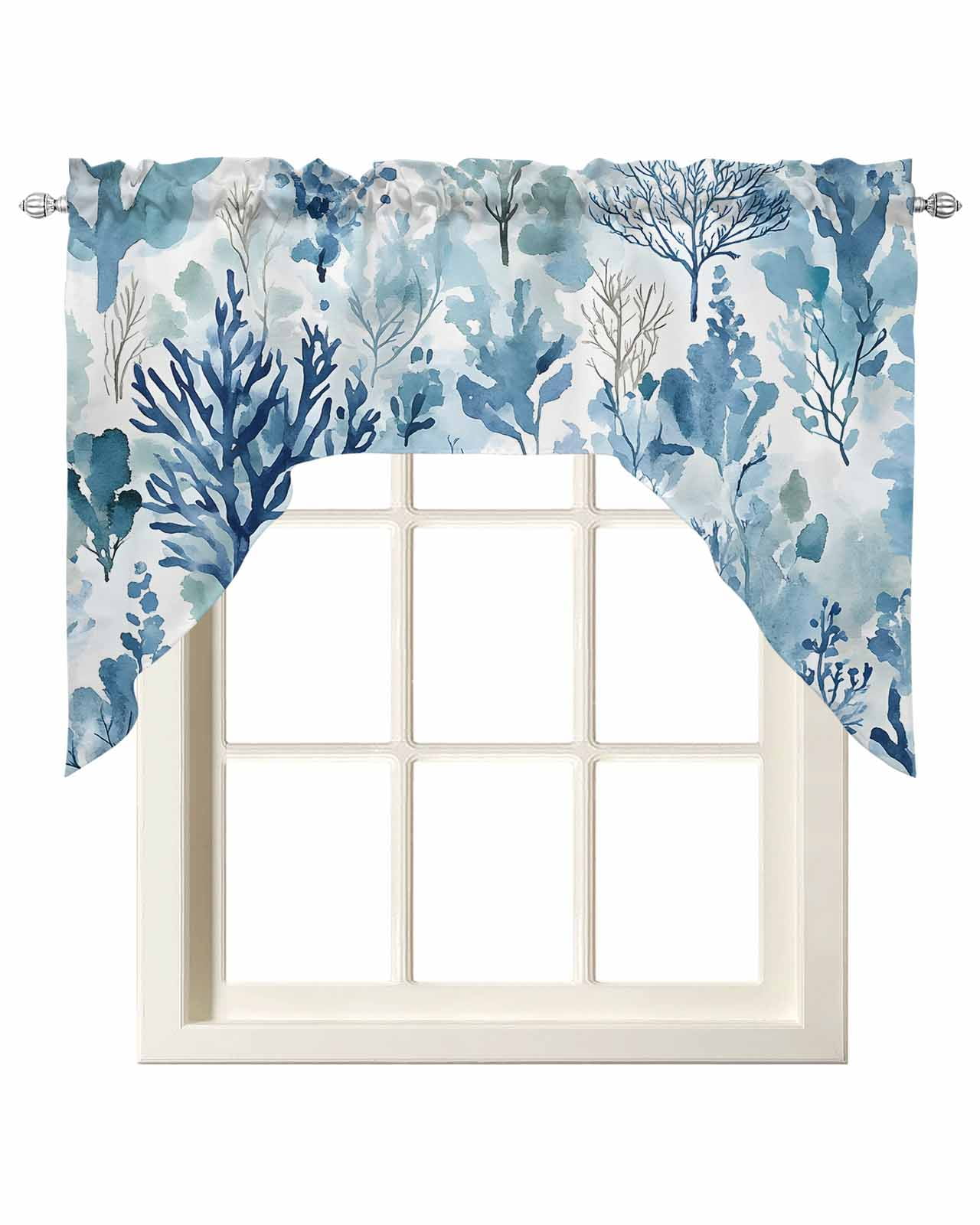 Blue Botanical Kitchen Swag Valances for Windows, Impressionist Style ...