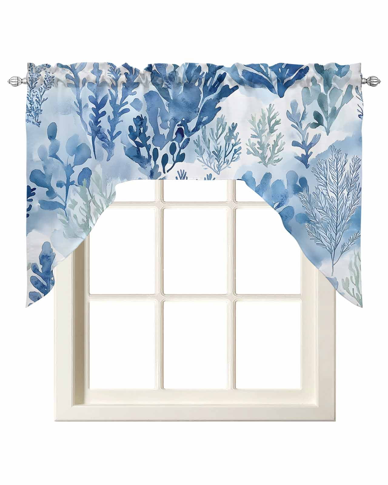 Blue Botanical Kitchen Swag Valances for Windows, Watercolor Leaf ...