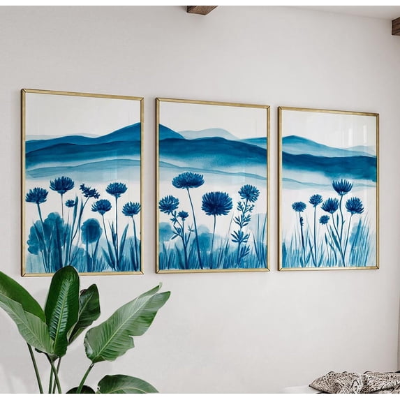 Blue Botanical Landscape Abstract Floral Wall Art Set 3 Unframed Paper ...