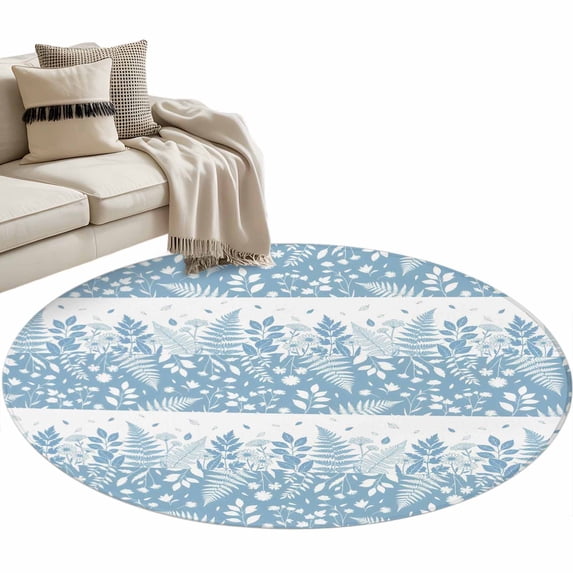 Blue Botanical Leaves Round Rug 3ft Washable Circle Entryway Rugs Non ...