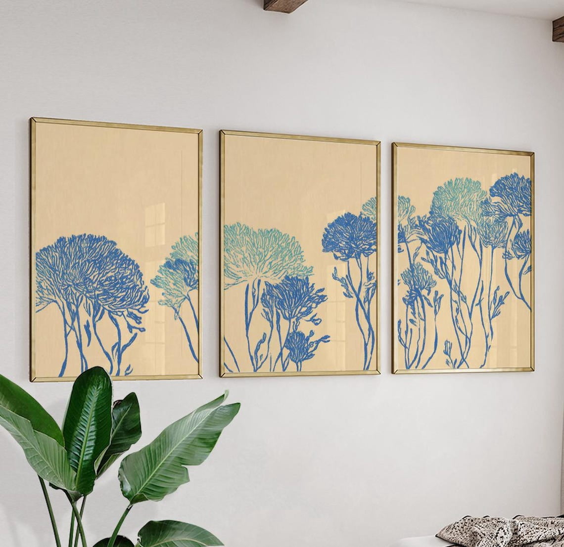 Blue Botanical Line Art Wall Wildflower Floral Set 3 Stretched Canvas ...