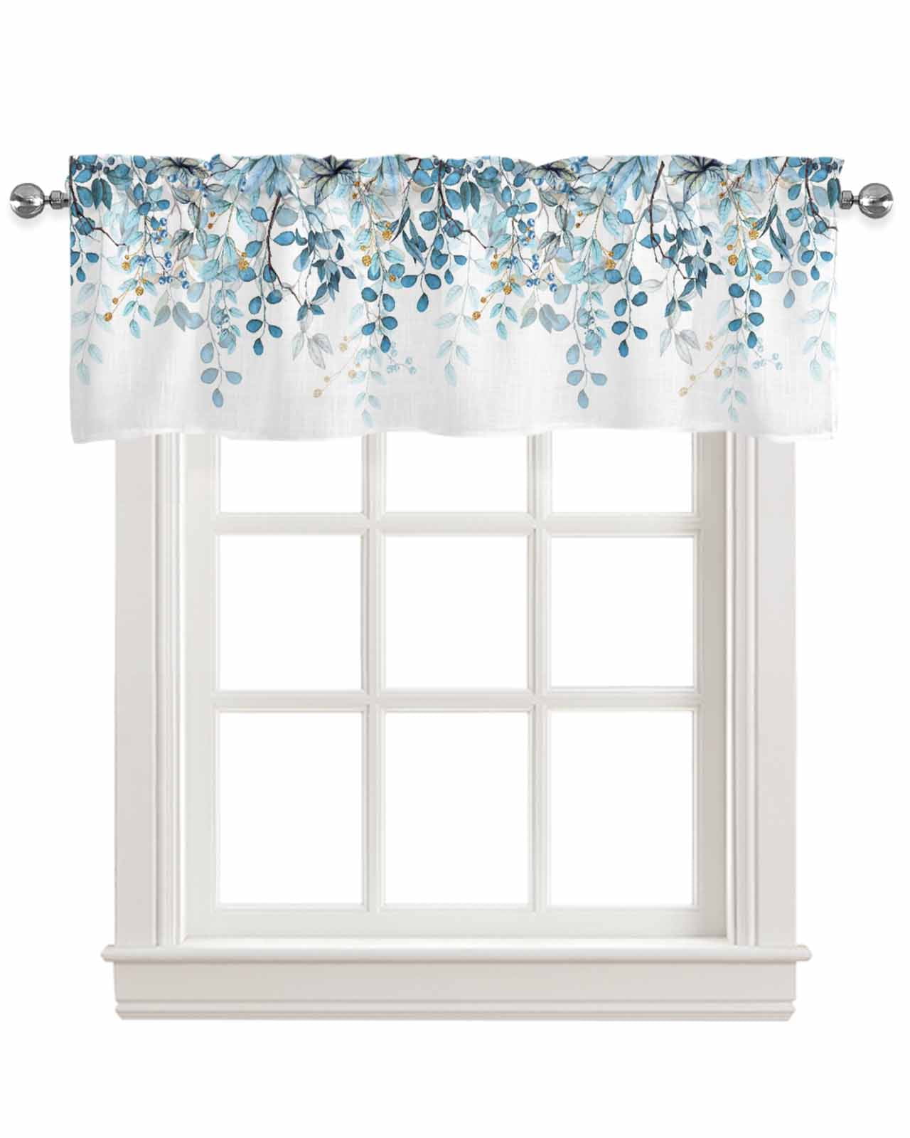 Blue Botanical Linen Curtain Valance for Bedroom/Bathroom/Kitchen ...