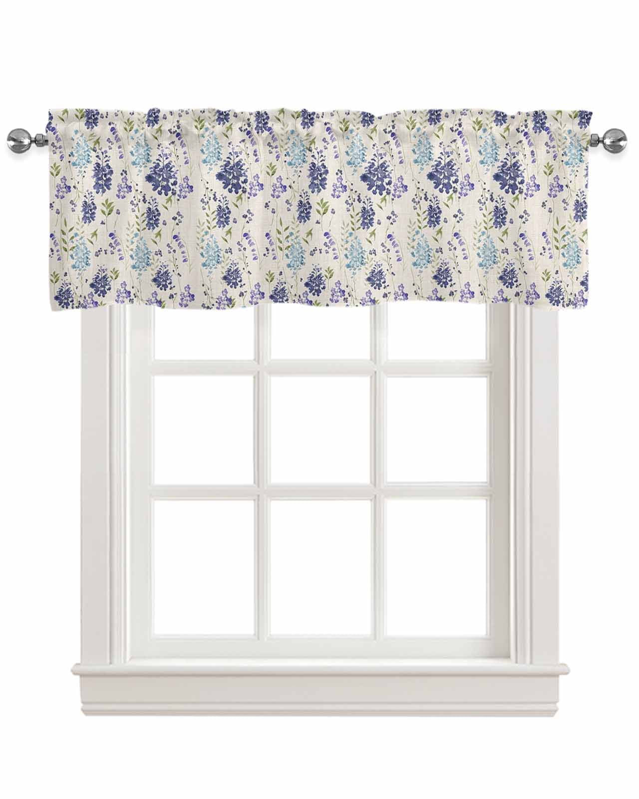 Blue Botanical Linen Curtain Valance for Bedroom/Bathroom/Kitchen ...