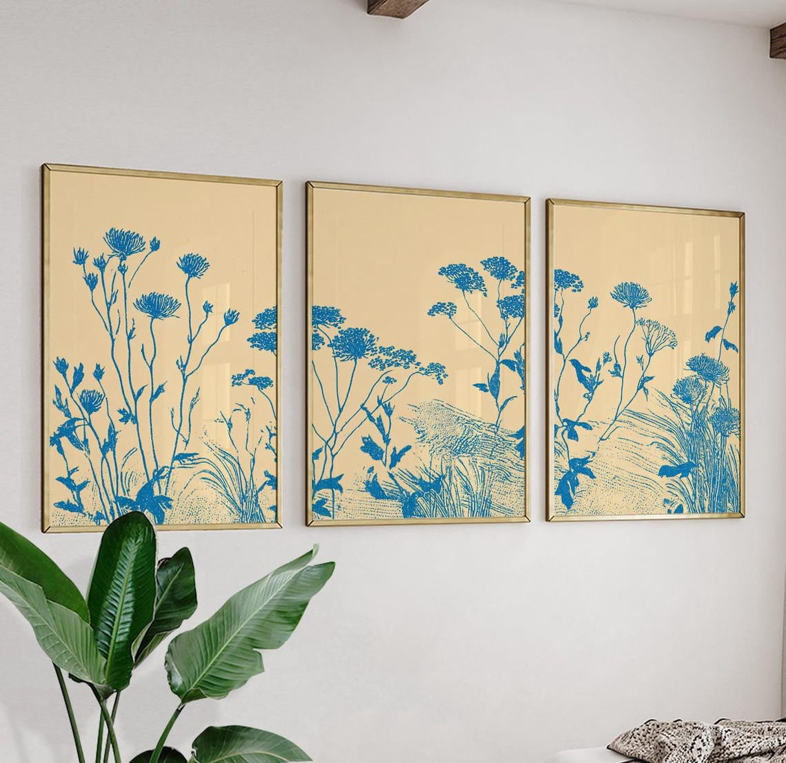 Blue Botanical Neutral Wildflower Line Art Set 3 Unframed Paper Print ...