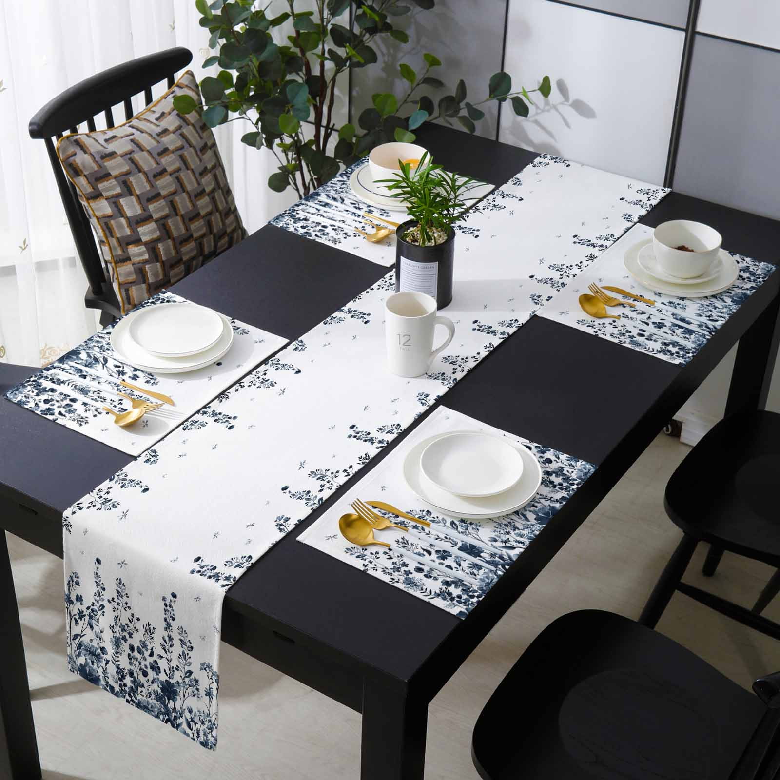 Blue Botanical Placemats Set of 4 with 70 Inches Long Table Runners ...