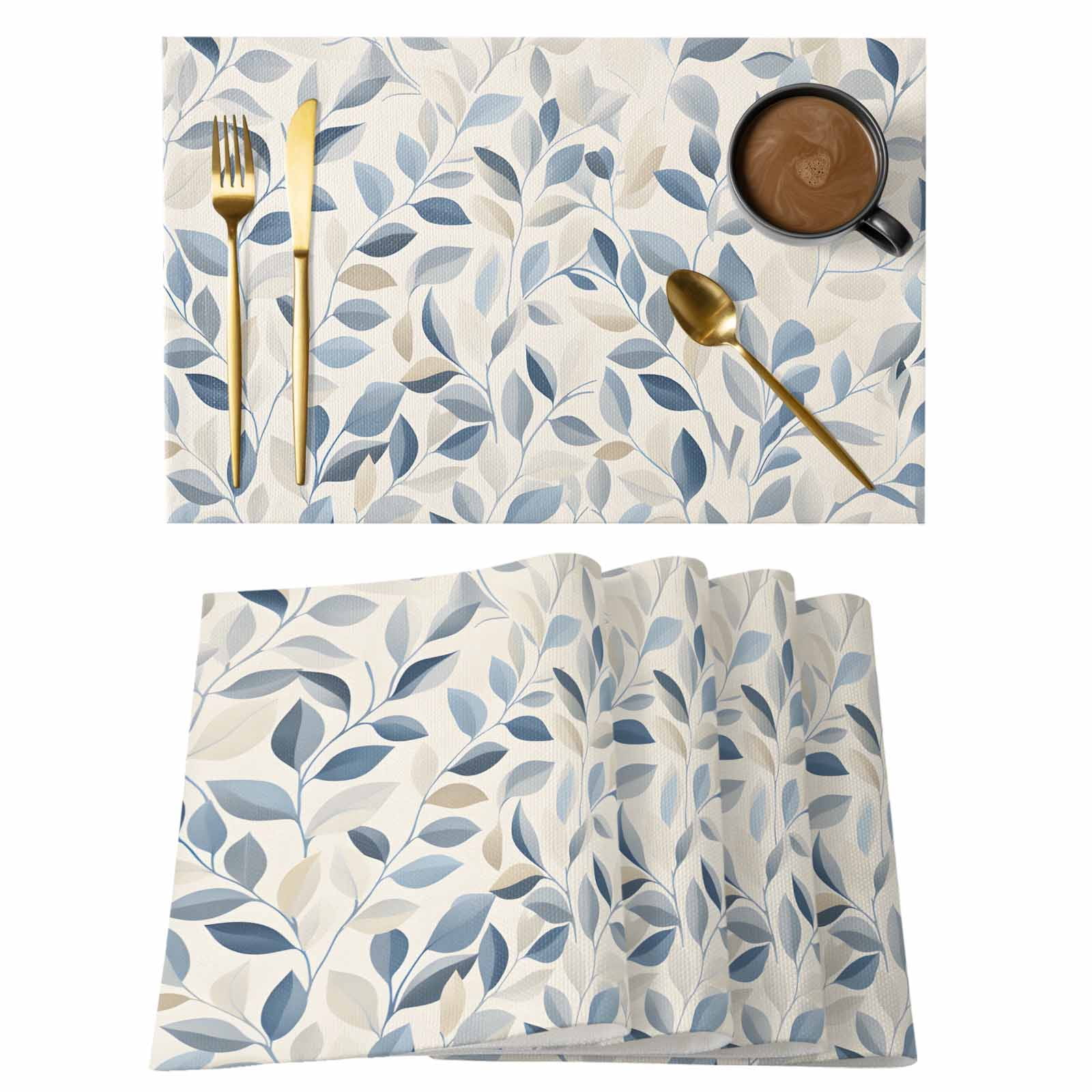 Blue Botanical Placemats Set of 8, Cotton Linen Fabric Place Mats ...