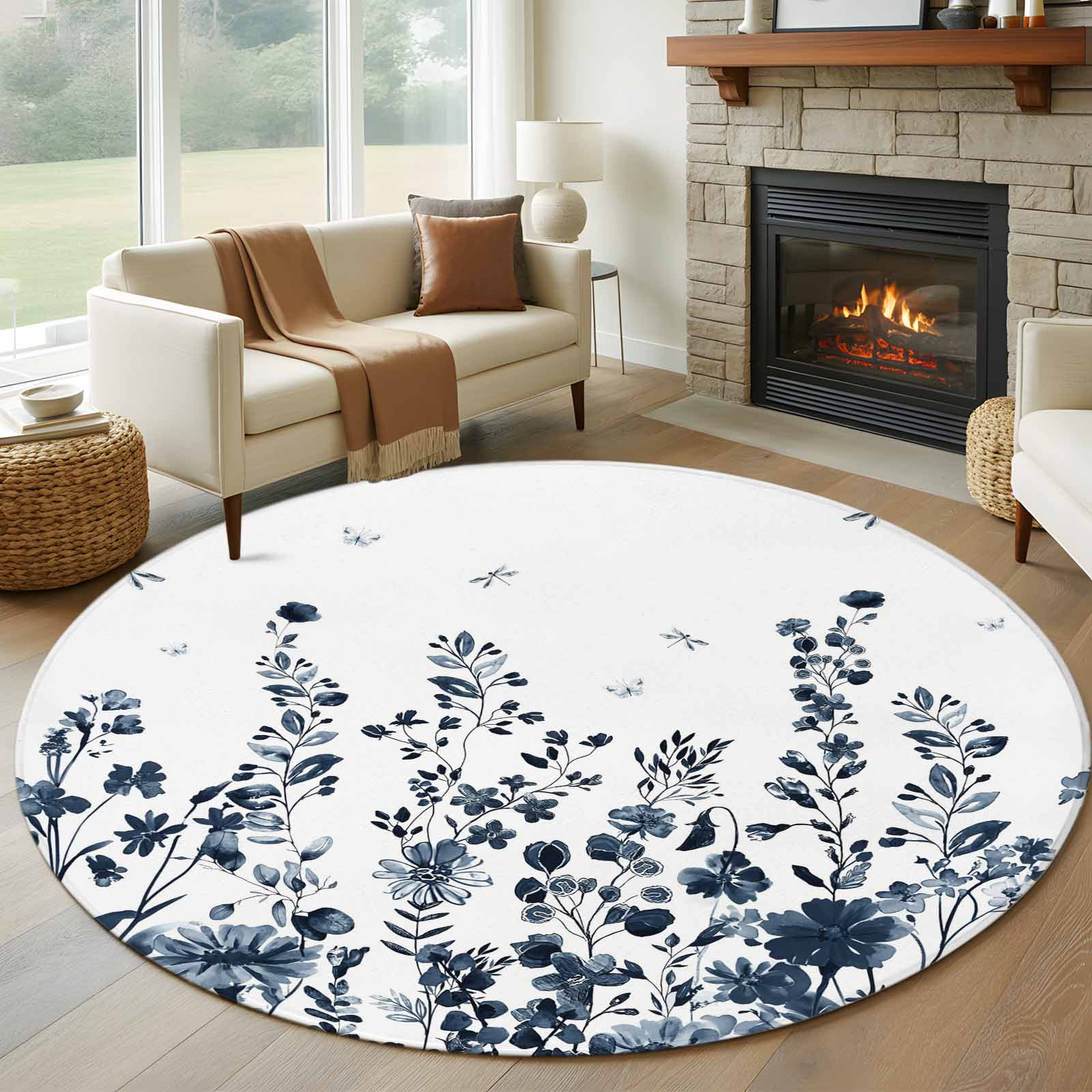 Blue Botanical Round Area Rug 6 FT, Non Slip Bedroom Rugs, Dragonfly ...