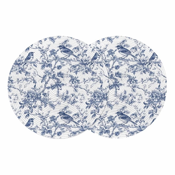 Blue Botanical Round Placemats Set of 2, Braided Polypropylene Place ...