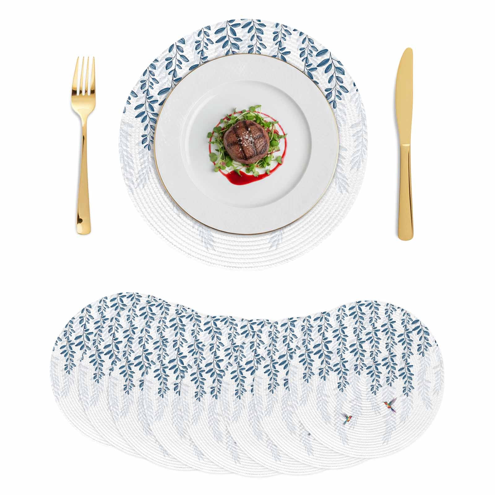 Blue Botanical Round Placemats Set of 8, Braided Polypropylene Place ...