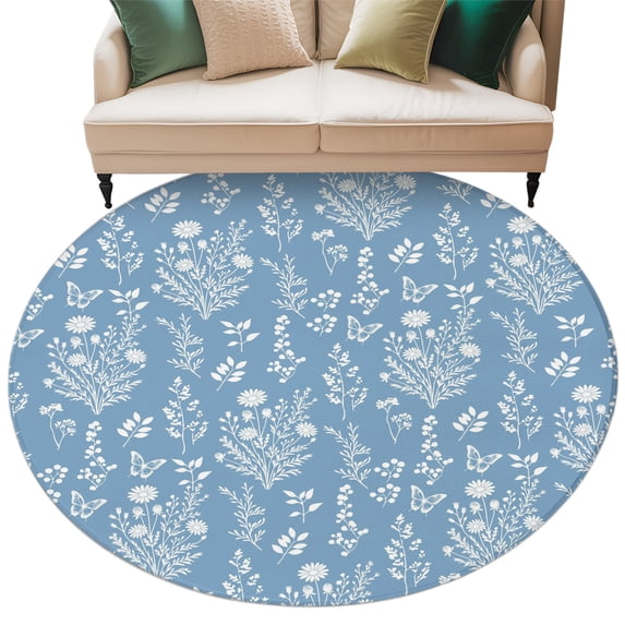 Blue Botanical Round Rug 5ft Washable Circle Kitchen Rugs Non Slip ...