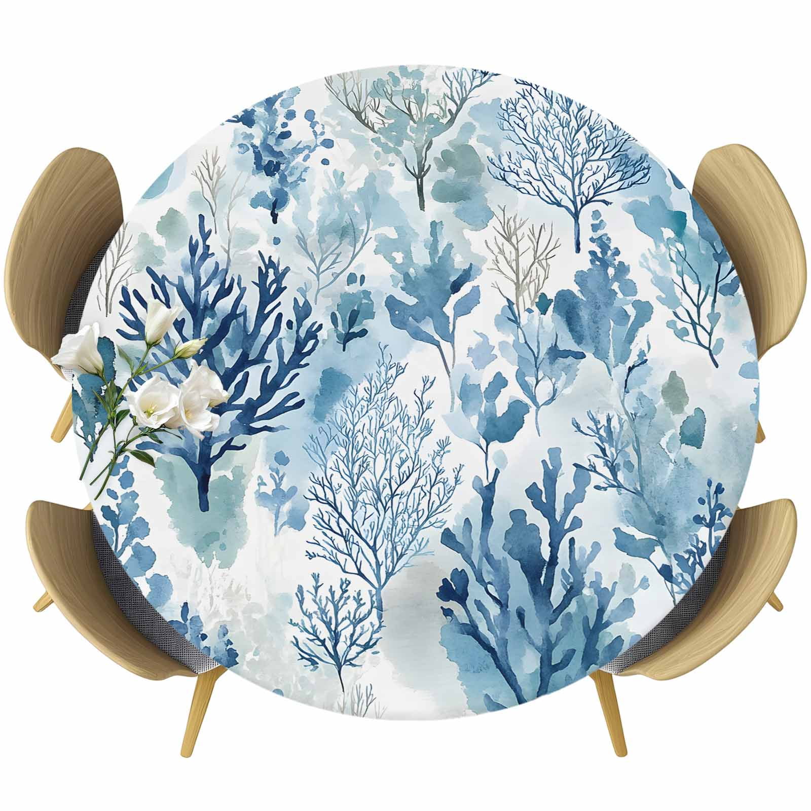 Blue Botanical Round Tablecloth 45-54 Inch Round Fitted Table Cloth ...