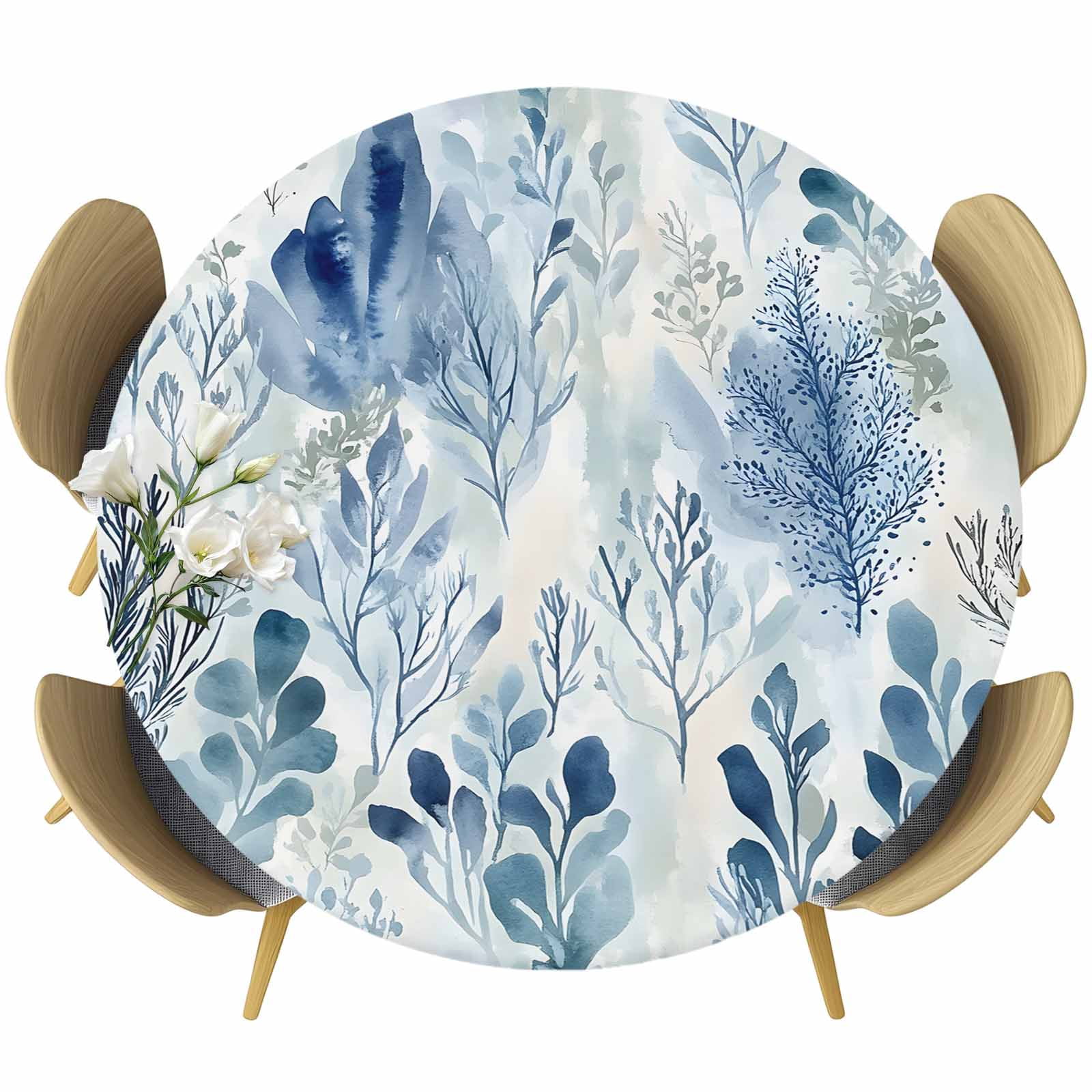 Blue Botanical Round Tablecloth 55-60 Inch Round Fitted Table Cloth ...