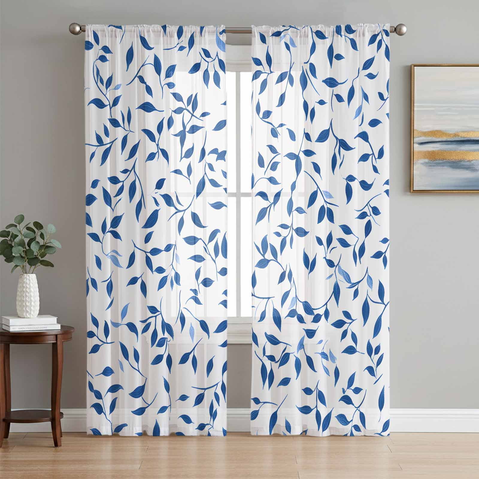 Blue Botanical Sheer Curtains 63 Inch Length 2 Panels Set, Pastoral ...