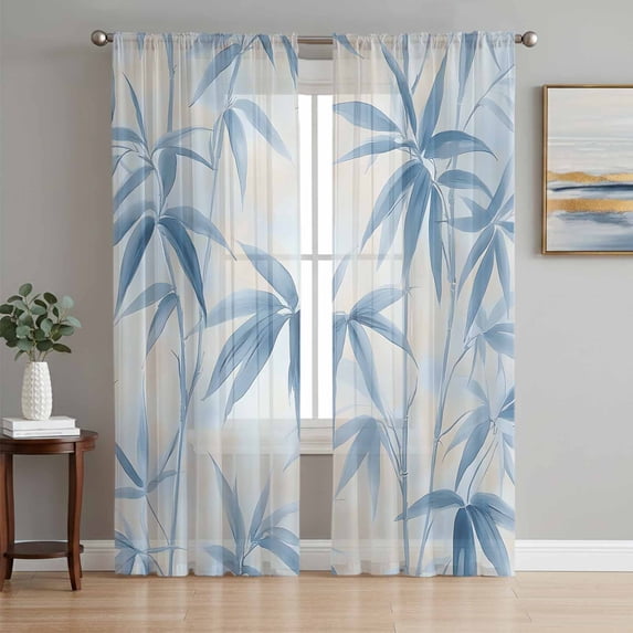 Blue Botanical Sheer Curtains 72 Inch Length 2 Panels Set, Modernism ...
