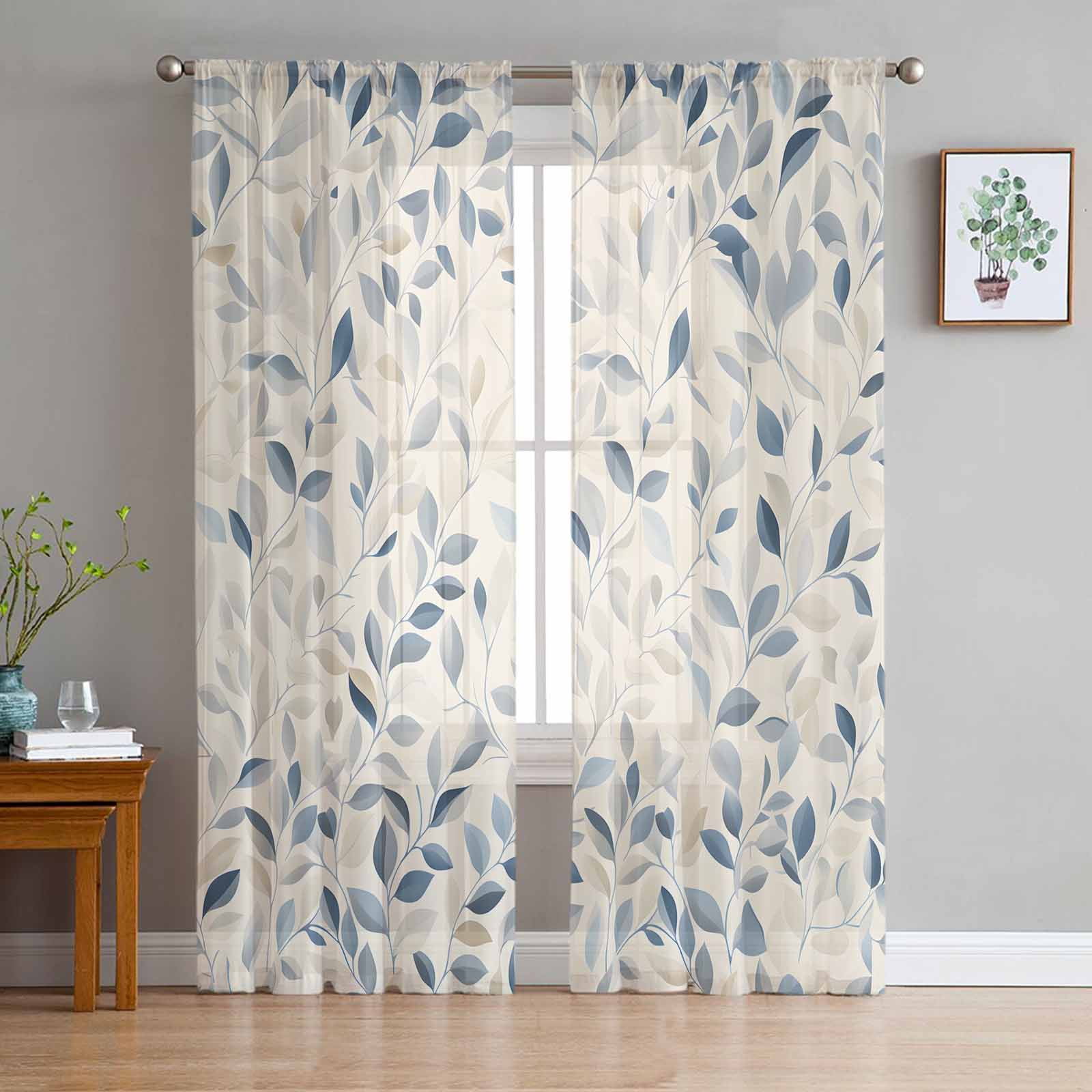 Blue Botanical Sheer Curtains 84 Inch Length 2 Panels Set for Living ...