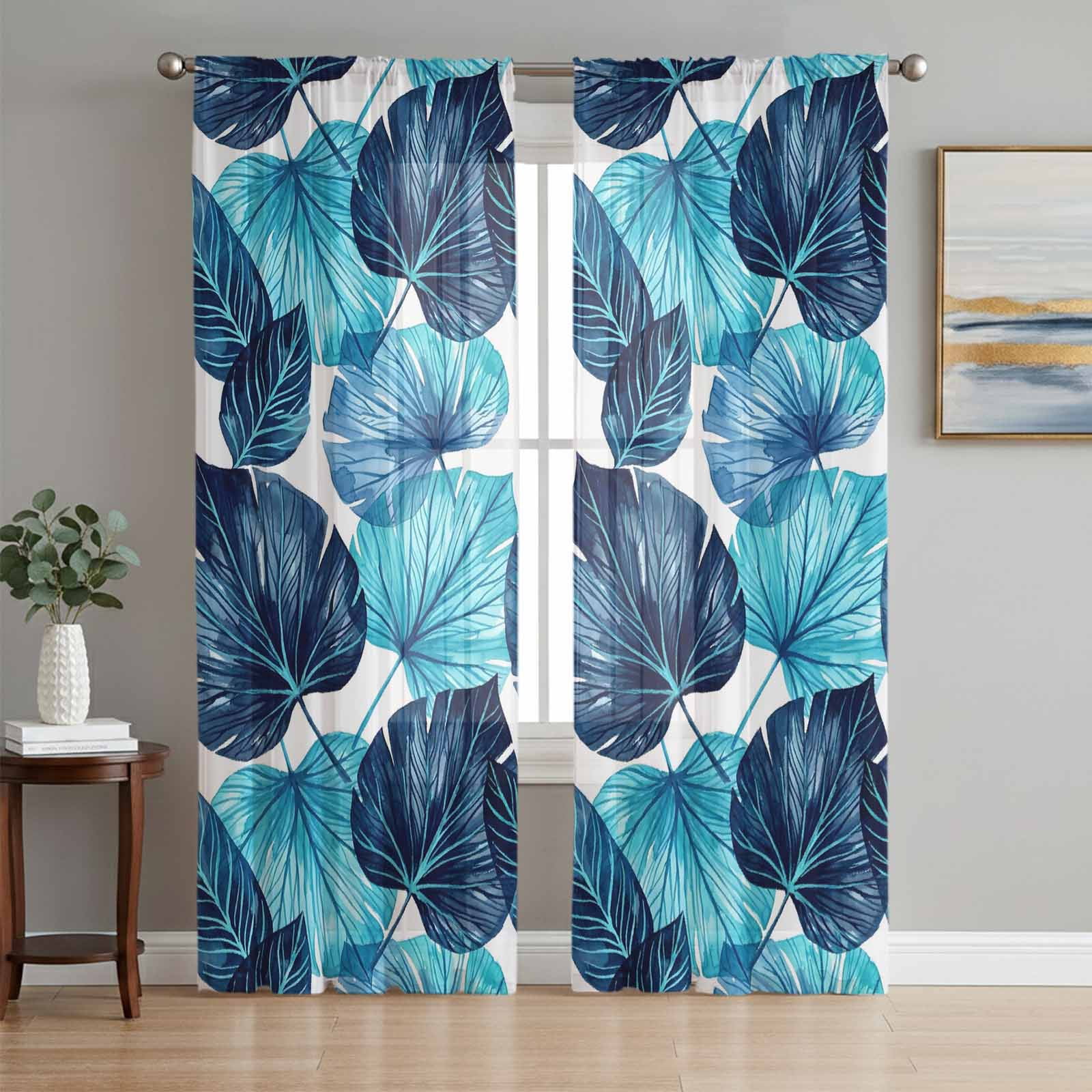 Blue Botanical Sheer Curtains for Living Room Bedroom Summer Monstera ...
