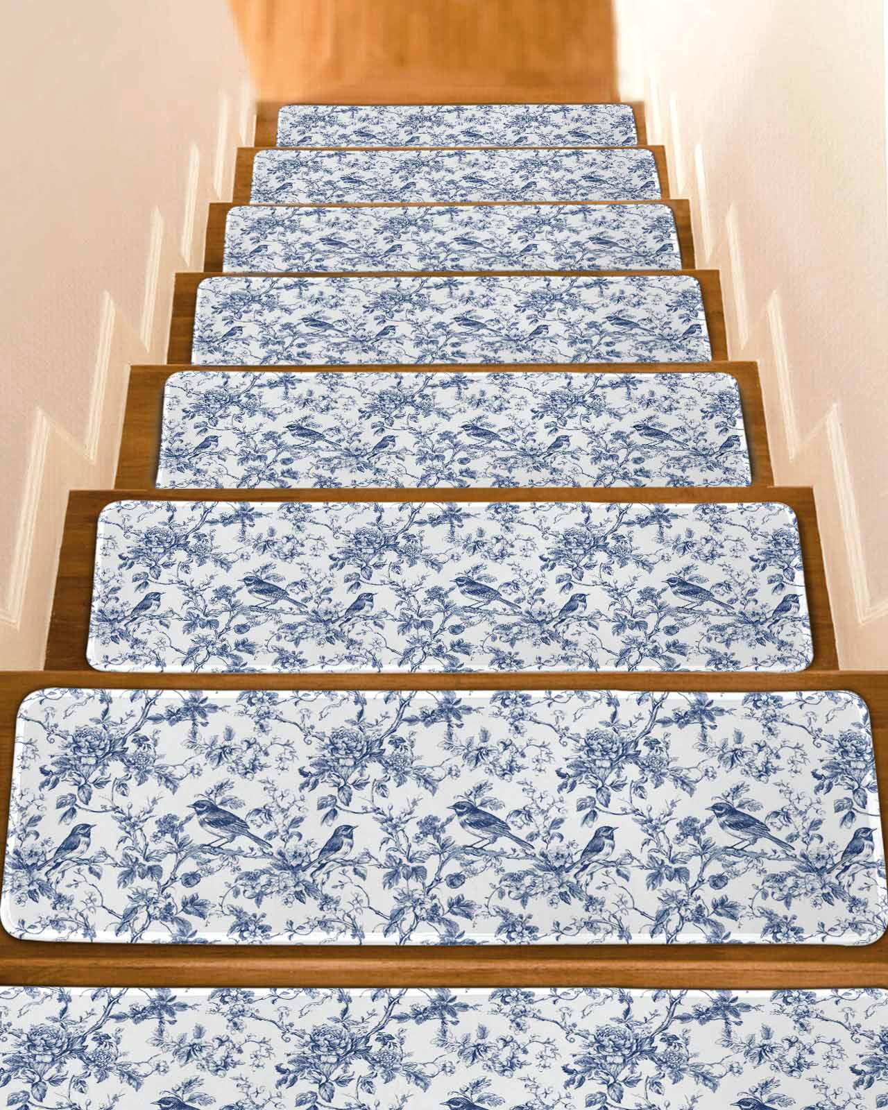 Blue Botanical Stair Treads Non Slip Runners Rugs, 15 Pcs Carpet for ...