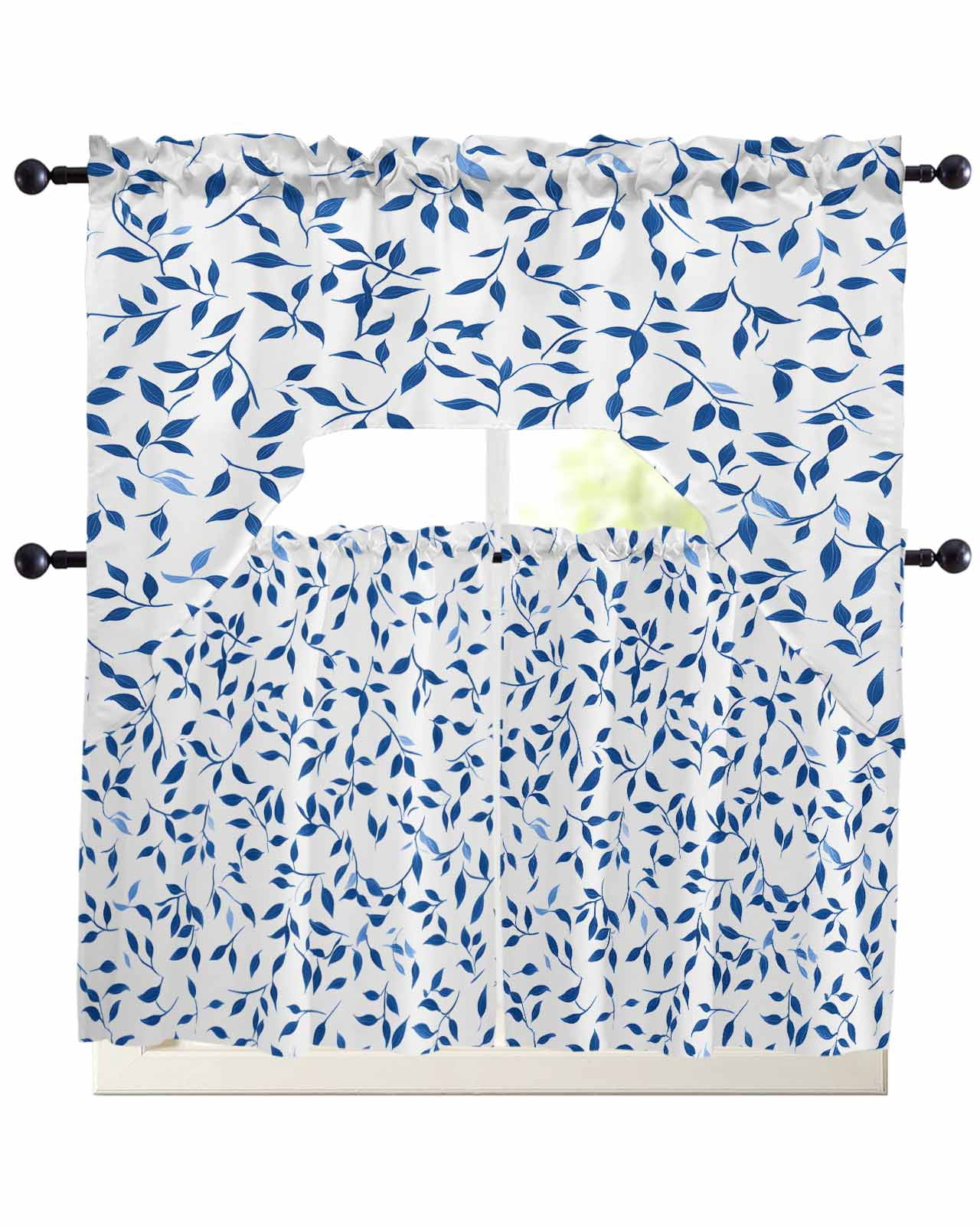 Blue Botanical Swag Kitchen Curtains Sets for Windows 24 Inch Length ...