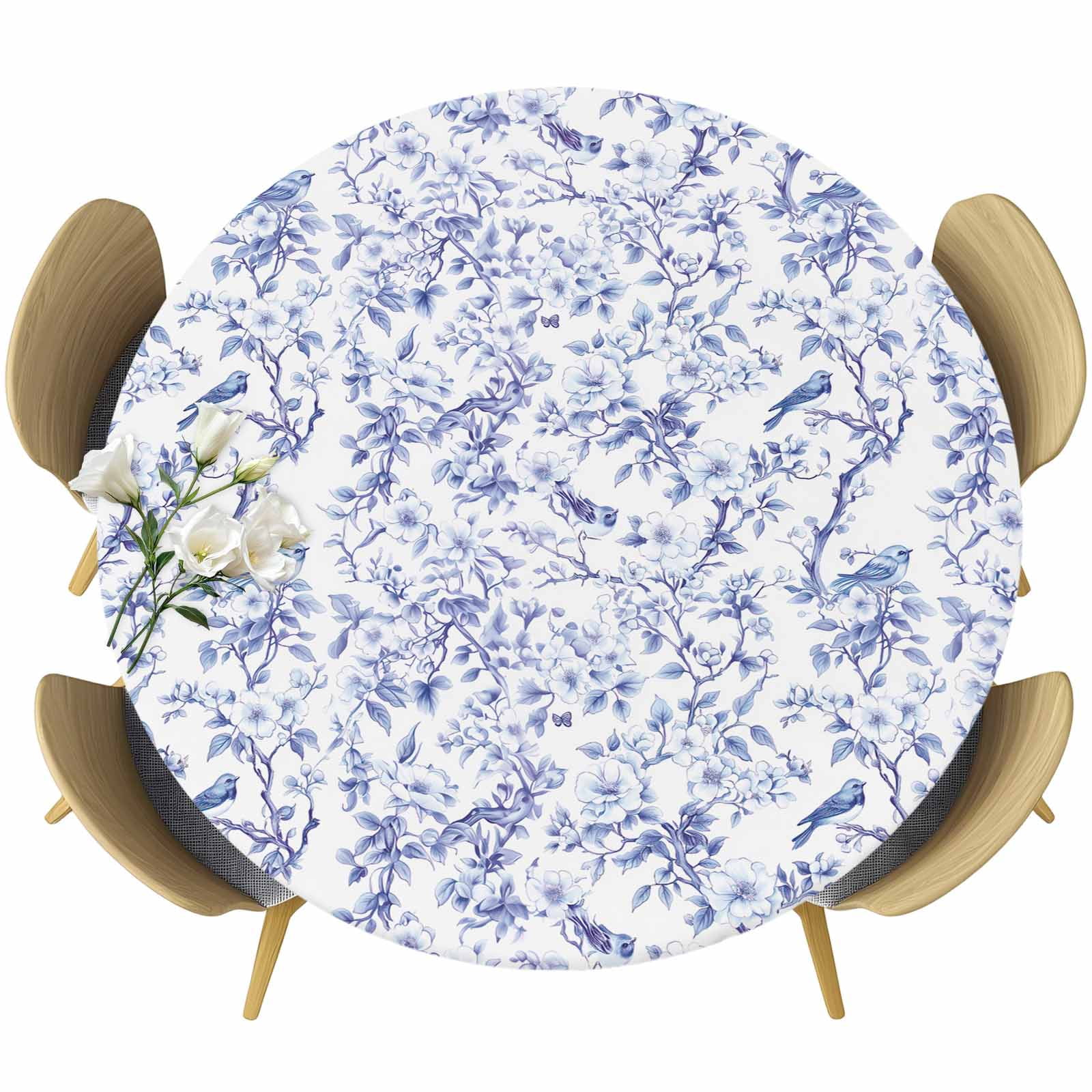 Blue Botanical Table Cloth, Round Fitted Tablecloths with Elastic Edge ...