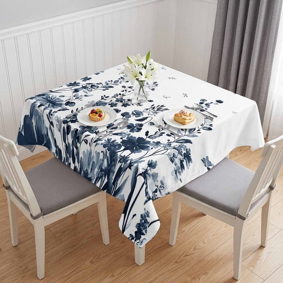 Blue Botanical Table Cloth Waterproof Tablecloths, Dragonfly Flower ...