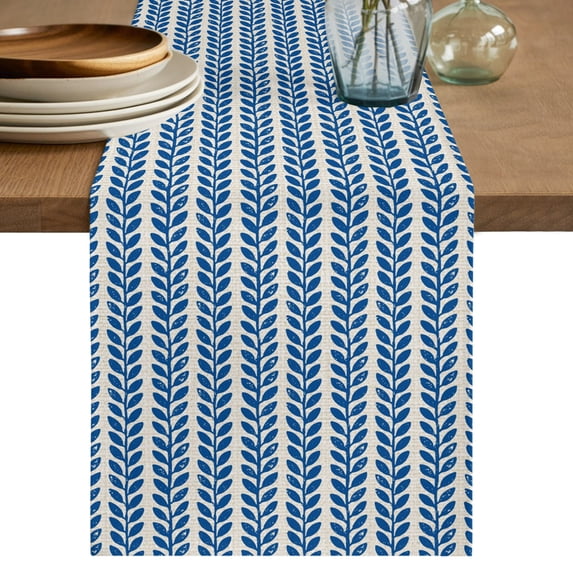 Blue Botanical Table Runner 120 Inches Long, Farmhouse Modern Striped ...