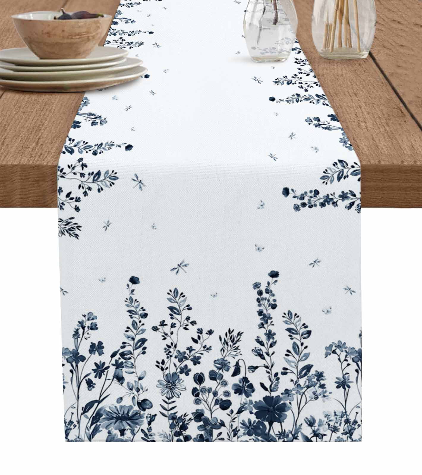 Blue Botanical Table Runner 72 Inches, Dragonfly Flower Leaf Retro Ink ...