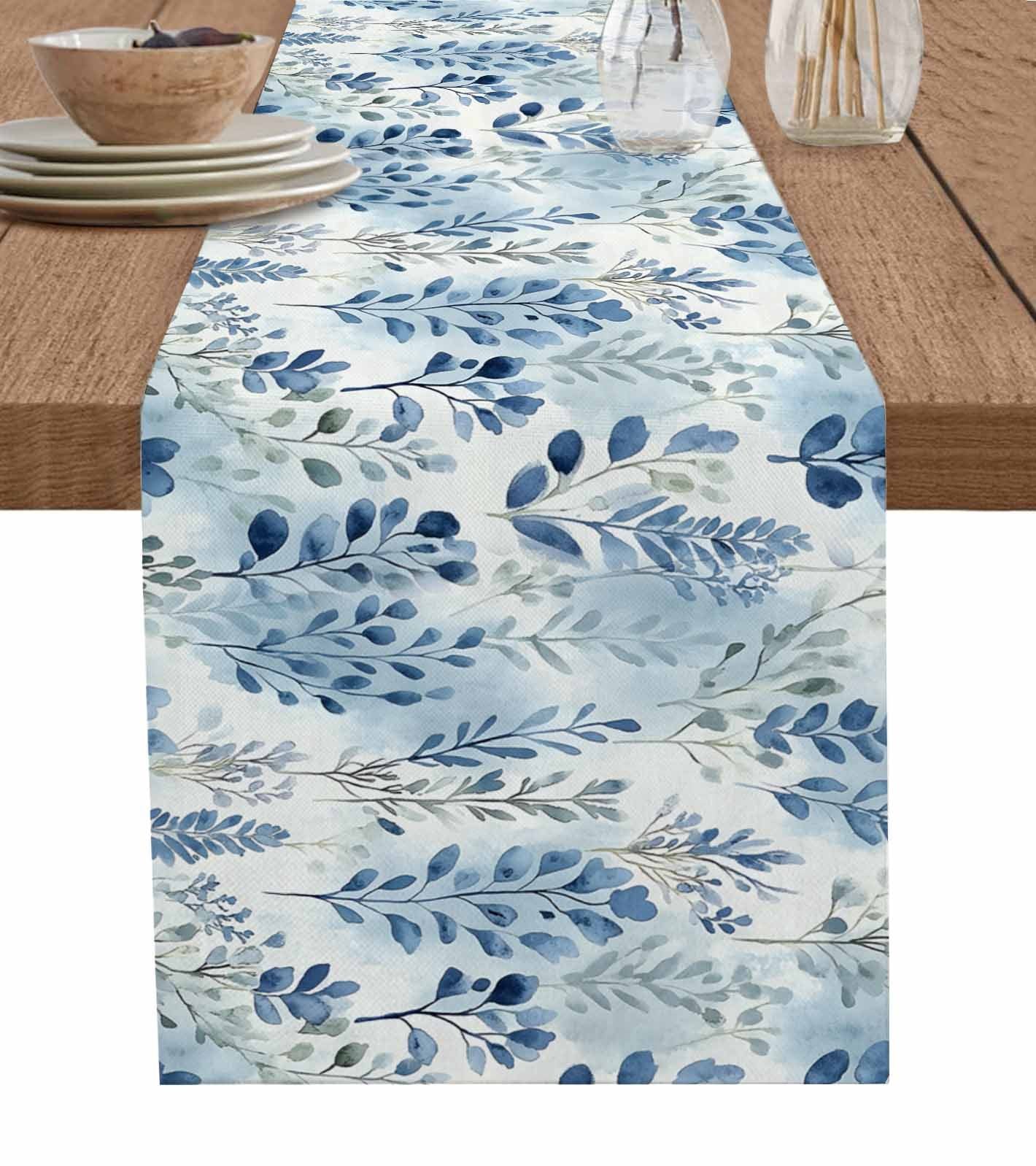 Blue Botanical Table Runner 72 Inches, Pastoral Spring Summer Leaf Bed ...
