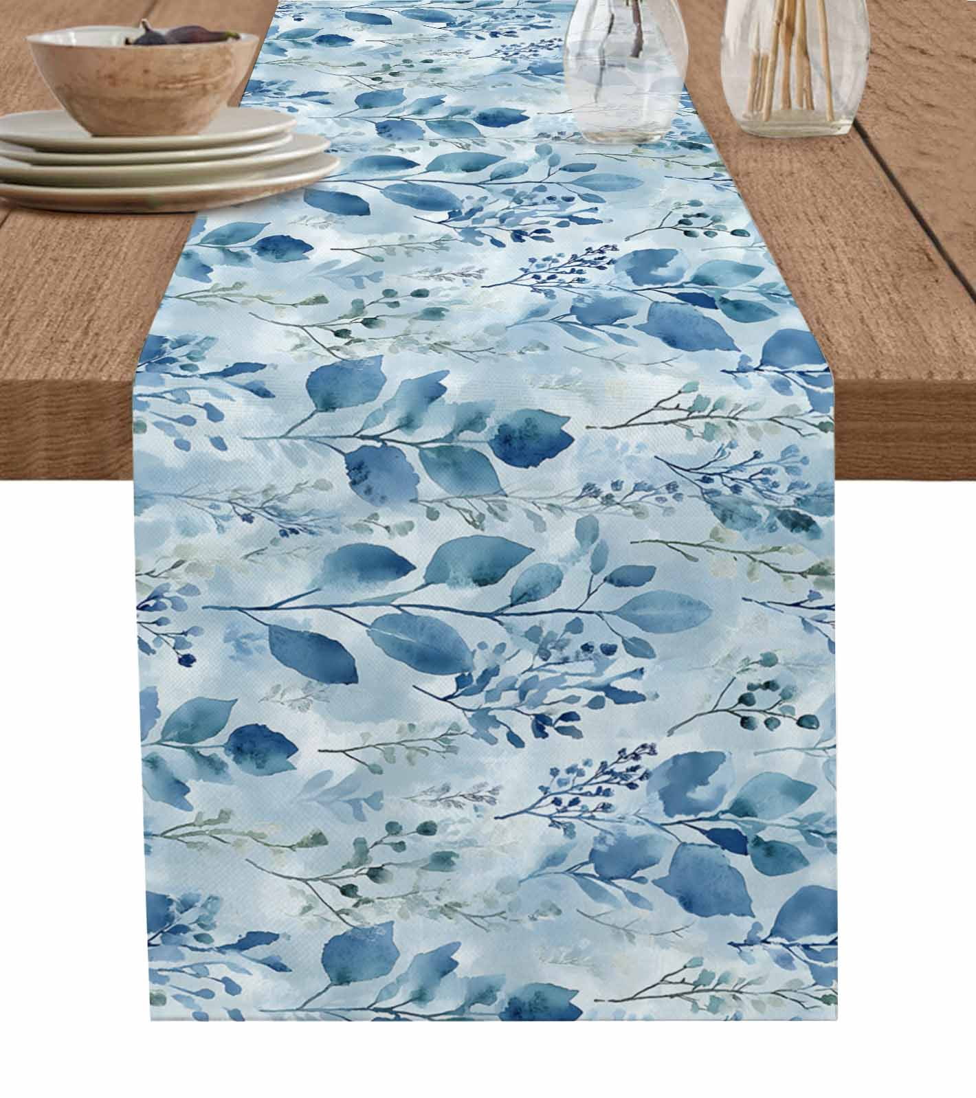 Blue Botanical Table Runner 72 Inches, Retro Impressionist Style ...