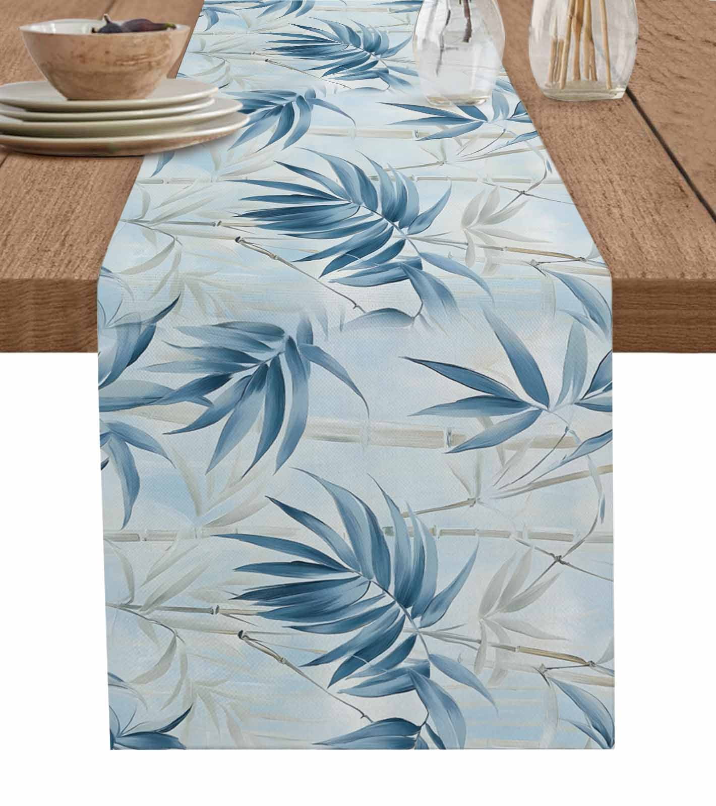 Blue Botanical Table Runner 72 Inches, Watercolor Leaves Modernism Art ...
