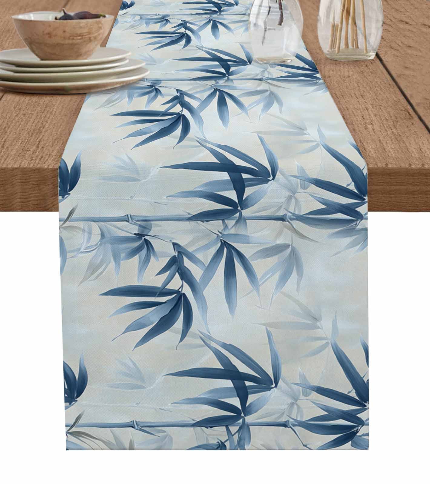 Blue Botanical Table Runner 72 Inches, Watercolor Leaves Vintage Branch ...