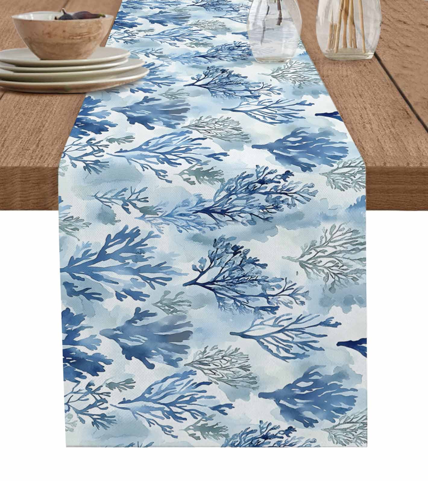 Blue Botanical Table Runner 90 Inches, Watercolor Pastoral Spring ...