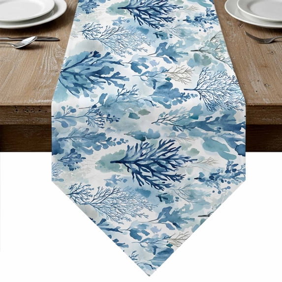 Blue Botanical Table Runner Linen Burlap Table Runner 108 Inches Long ...