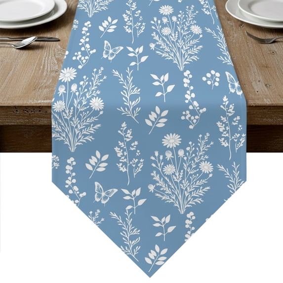 Blue Botanical Table Runner Linen Burlap Table Runner 72 Inches Long ...