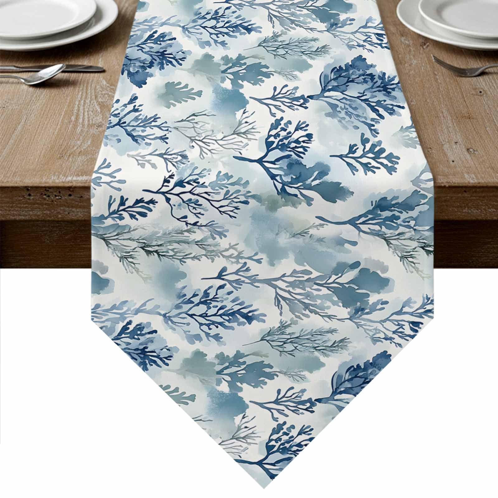 Blue Botanical Table Runner Linen Burlap Table Runner 72 Inches Long ...