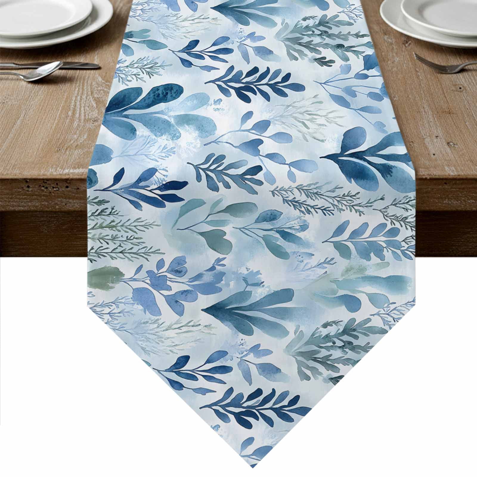 Blue Botanical Table Runner Linen Burlap Table Runner 72 Inches Long ...
